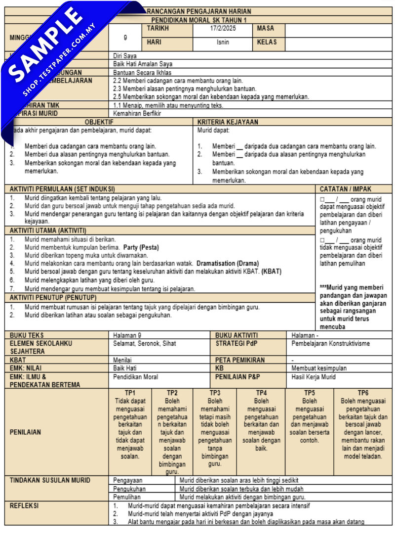 TP98 - RPH & RPT 2025 : Pendidikan Moral KSSR Semakan Cikgu Gorgeousz