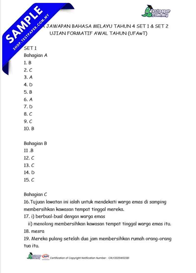 TP1909 - Bahasa Melayu Tahun 4 : SK Ujian Formatif Awal Tahun (UFAwT)
