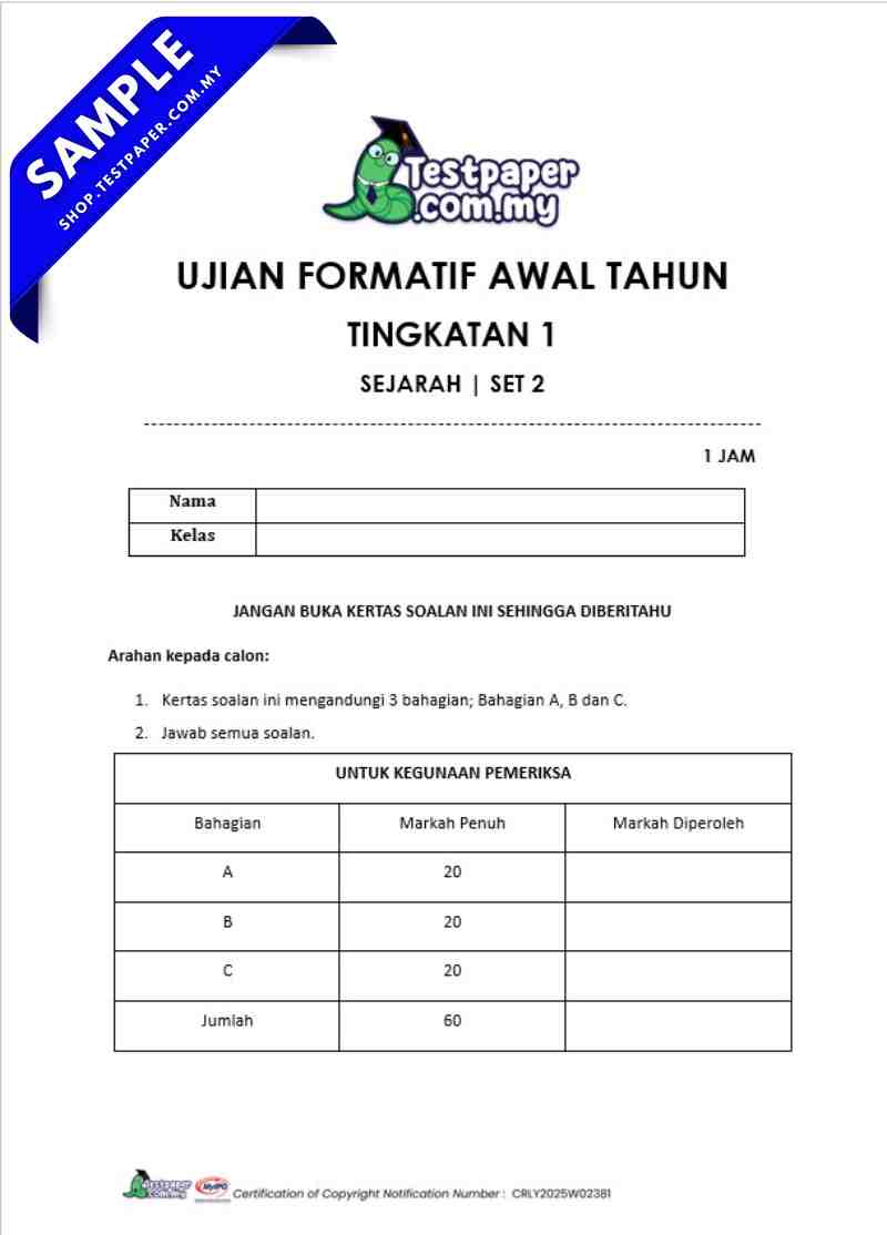 TP1980 - Sejarah Tingkatan 1 : KSSM Ujian Formatif Awal Tahun (UFAwT)
