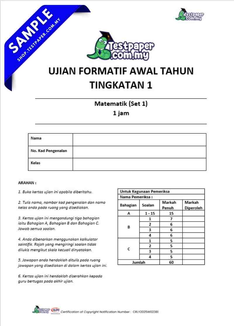 TP1986 - Kombo Cakna Tingkatan 1 : KSSM Ujian Formatif Awal Tahun (UFAwT)