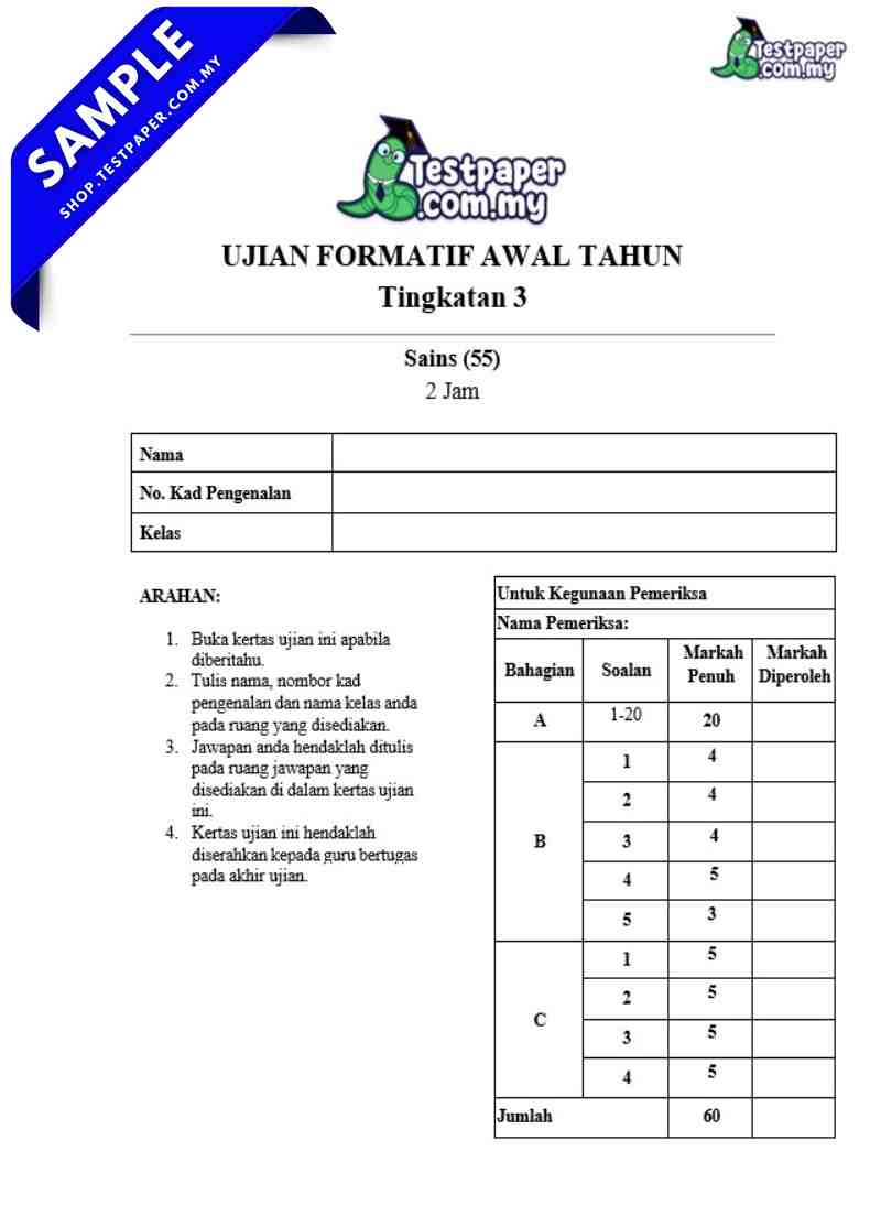 TP1988 - Kombo Cakna Tingkatan 3 : KSSM Ujian Formatif Awal Tahun (UFAwT)
