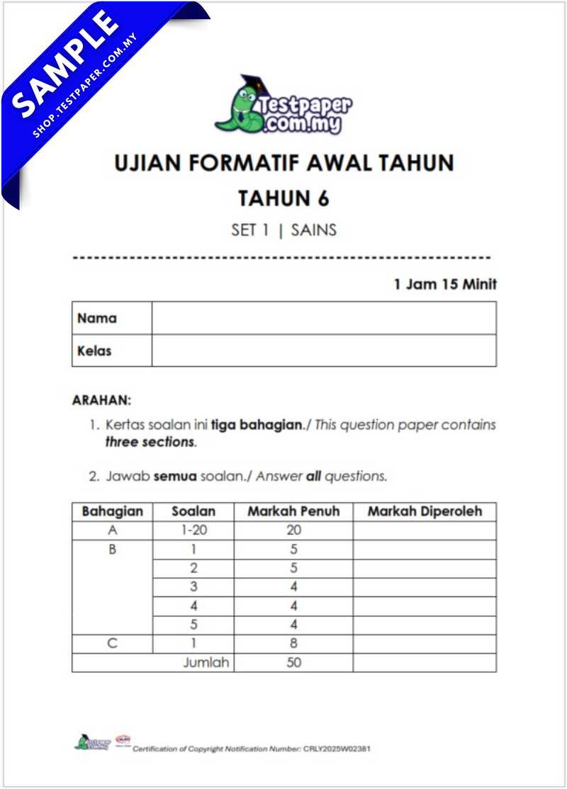 TP1929 - Sains Tahun 6 : SK Ujian Formatif Awal Tahun (UFAwT)