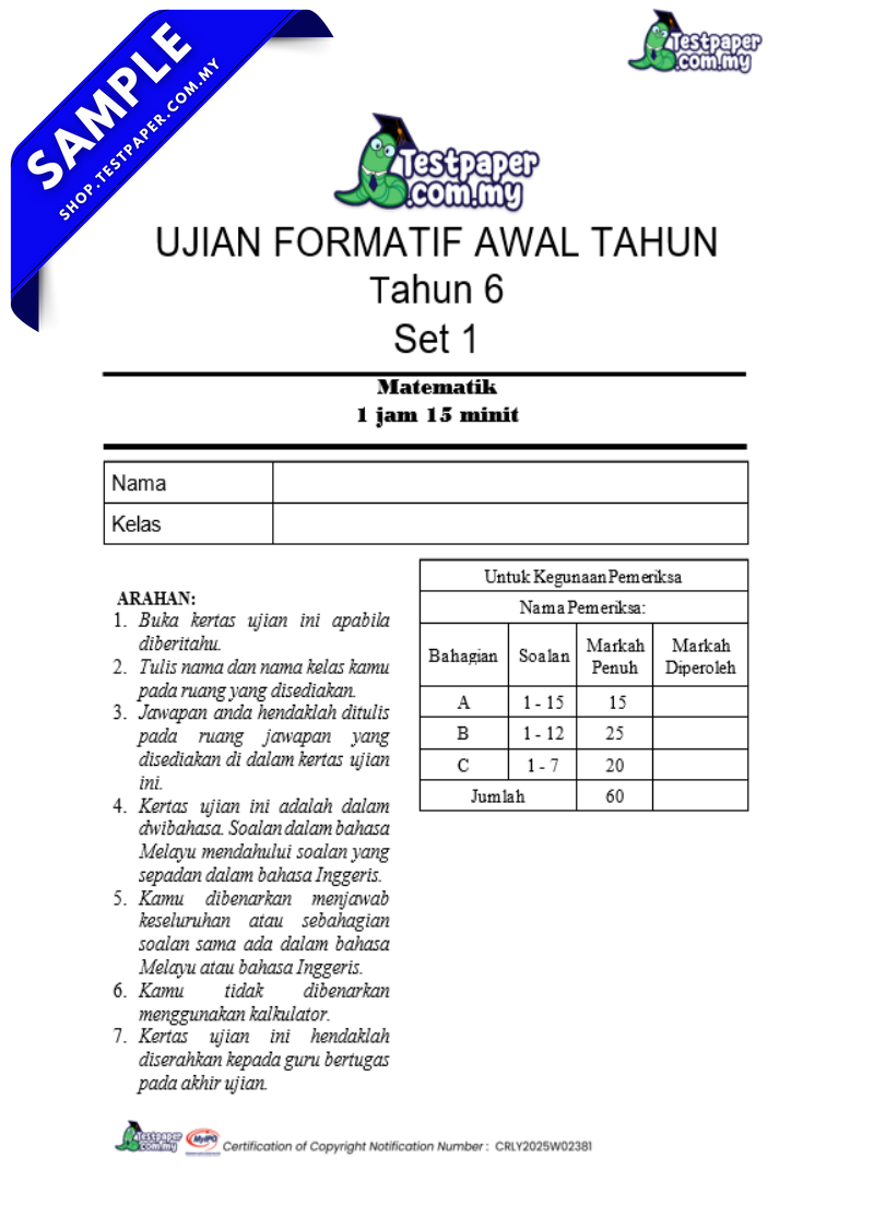 TP1923 - Matematik Tahun 6 : SK Ujian Formatif Awal Tahun (UFAwT)